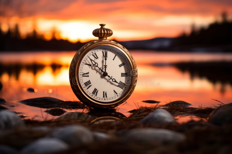 A Gold Pocket Watch Sitting on Rocks by a Lake at Sunset Stock ...