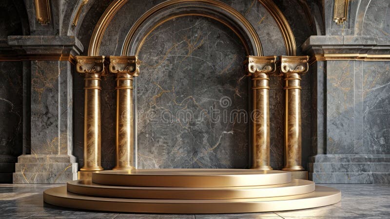 Gold Podium with Marble Pillars in a Grand, Arched Hallway Stock ...