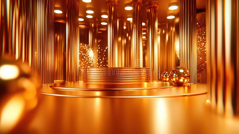 Gold Podium in Pillared Hall, Spheres, Soft Light, Product Display ...