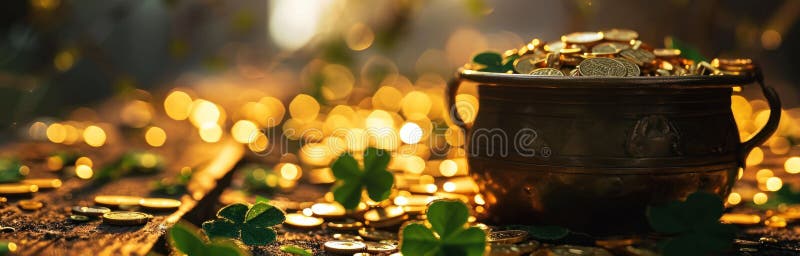 A Gold Pot with Shamrock Leaves Around it Stock Image - Image of gold ...