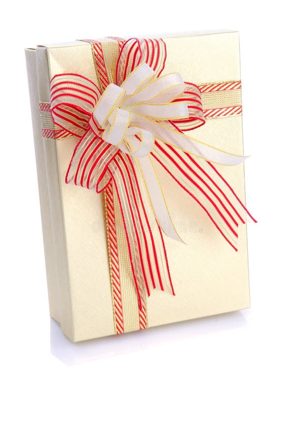 Gold Present Gift Box with Overwhelming Bow Isolated on White Stock ...