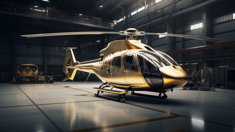 Gold Private Helicopters in Hangar during Maintenance or Parking Time ...