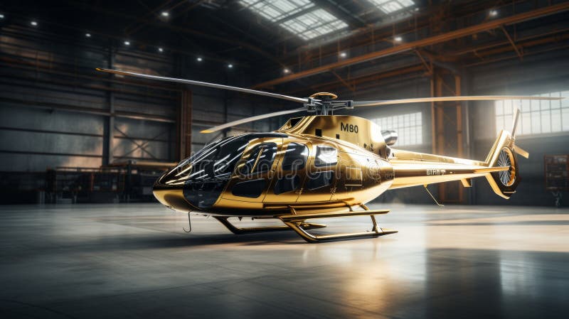 Gold Private Helicopters in Hangar during Maintenance or Parking Time ...