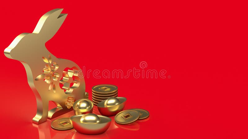 The Gold Rabbit and Chinese Coins for Holiday Concept 3d Rendering ...