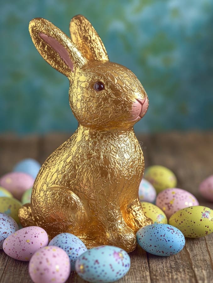 Gold Rabbit Sits on a Table with a Pile of Easter Eggs Stock Image ...