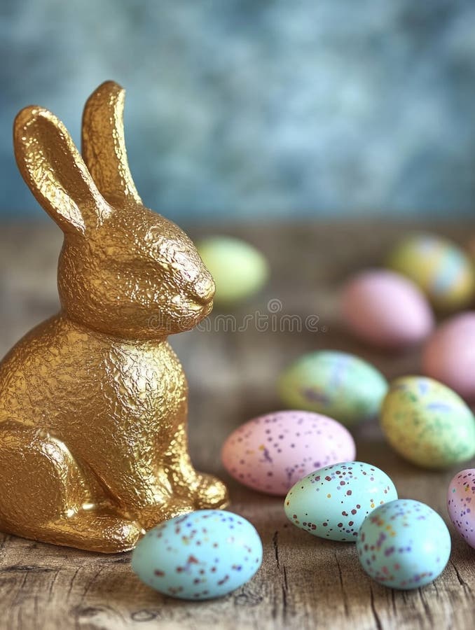 Gold Rabbit Statue Sits on a Wooden Table with a Bunch of Easter Eggs ...
