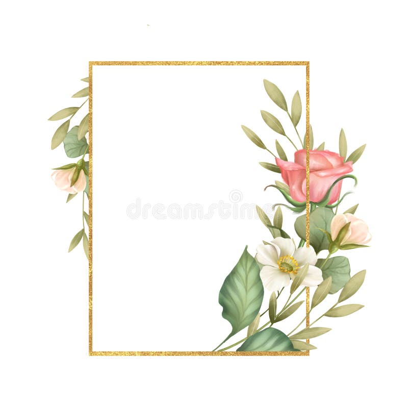 Gold Rectangle Frame with Flowers and Leaves. Floral Wedding Card Decor ...
