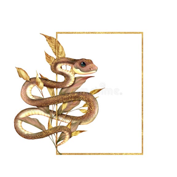 Gold Rectangular Frame with Twisted Snake and Leaves. Hand Drawn ...