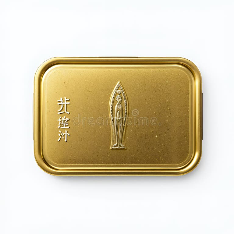 Gold Rectangular Tin with Embossed Figure Design, Top View Stock ...