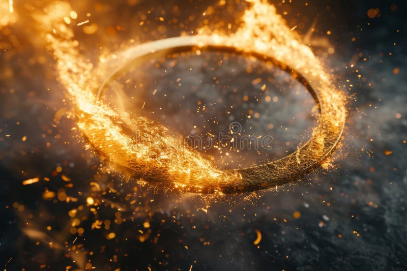 A Gold Ring in Abstract Flames and Sequins on a Black Background Stock ...