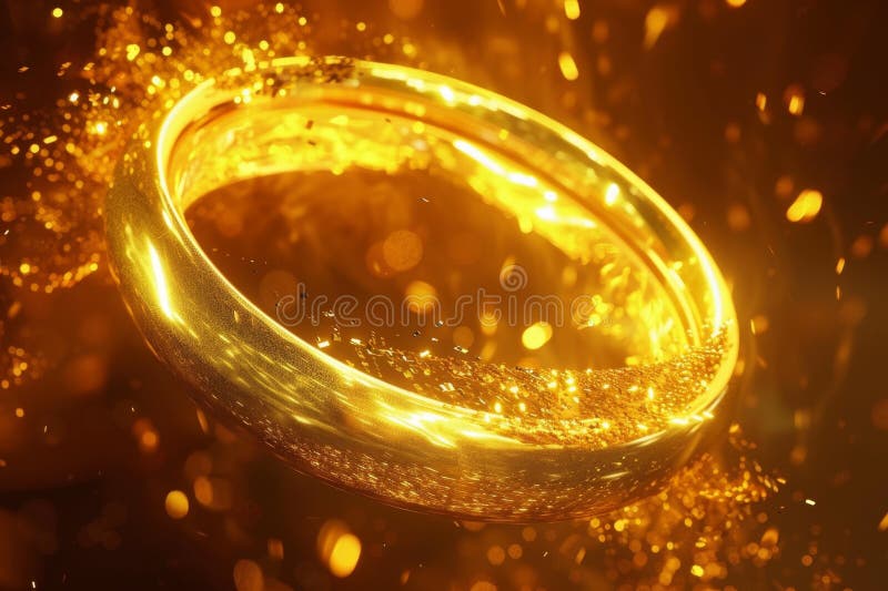 A Gold Ring in Abstract Flames and Sequins on a Black Background Stock ...