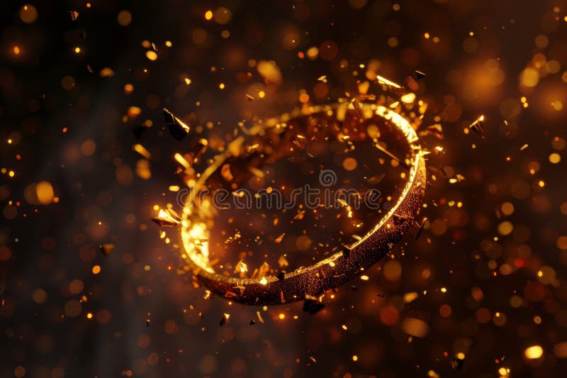 A Gold Ring in Abstract Flames and Sequins on a Black Background Stock ...