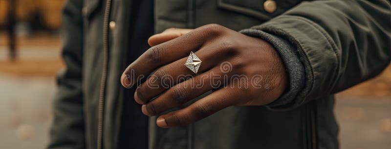 Gold Ring with Angular Design Worn on a Black Male Hand, Showcasing ...