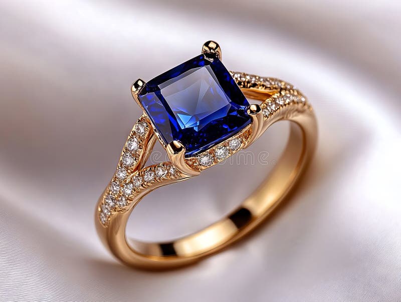 A Gold Ring with a Blue Sapphire and Diamonds on a White Background ...