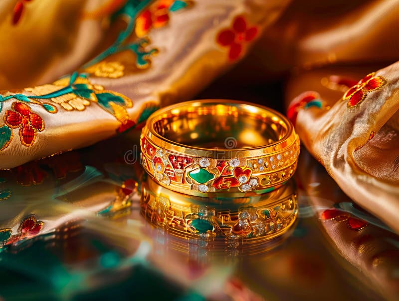 A Gold Ring with Colorful Stones on a Silk Cloth Stock Image - Image of ...