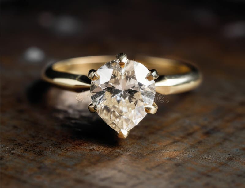 Gold Ring with Diamond in the Shape of Drop with Reflection Stock ...