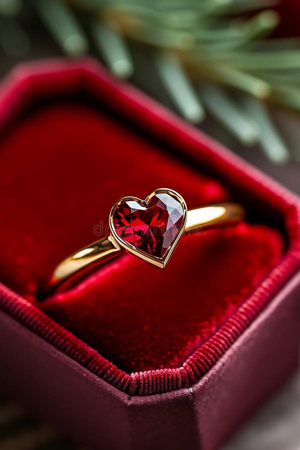 A Gold Ring with a Heart Shaped Ruby Stone in a Red Velvet Box Stock ...