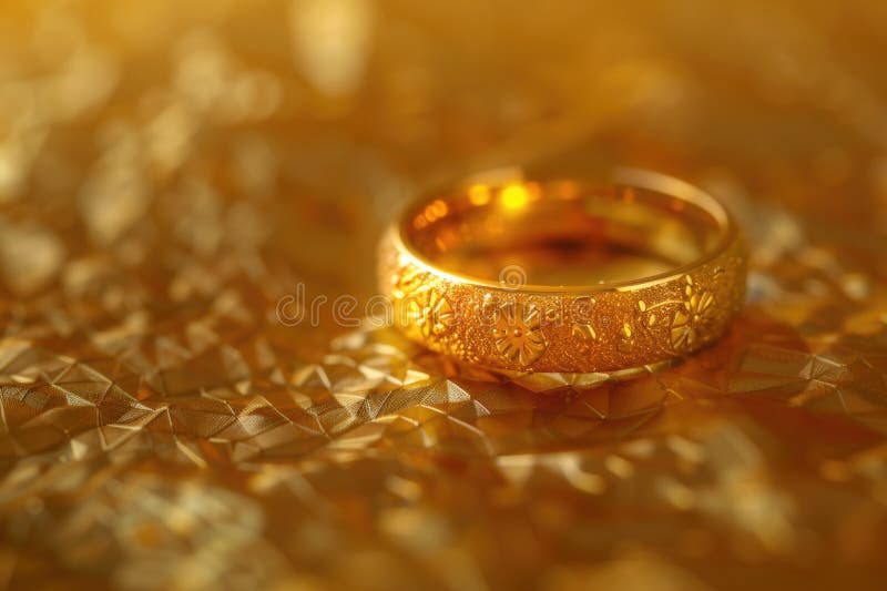 A Gold Ring Placed on a Reflective Surface, Perfect for Jewelry or ...