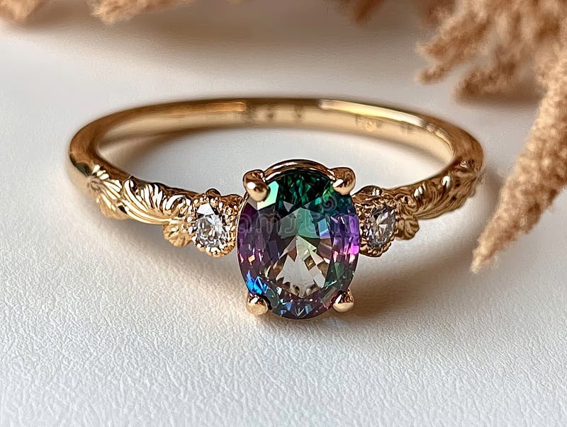 A Gold Ring with a Rainbow Colored Stone Surrounded by Diamonds Stock ...