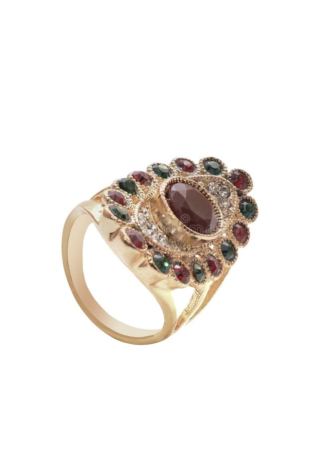 Gold Ring with a Red Stone on a White Background Stock Image - Image of ...