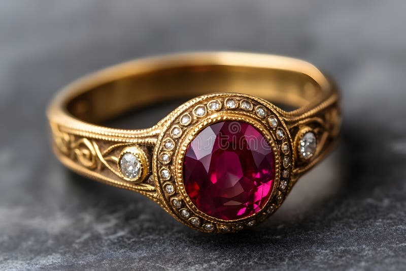 Gold Ring with Ruby and Diamonds, Close-up Realistic Image Stock ...