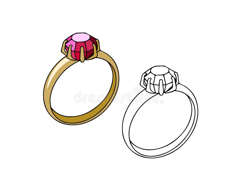 Gold Ring with a Ruby. Linear Drawing on a White Background Stock ...