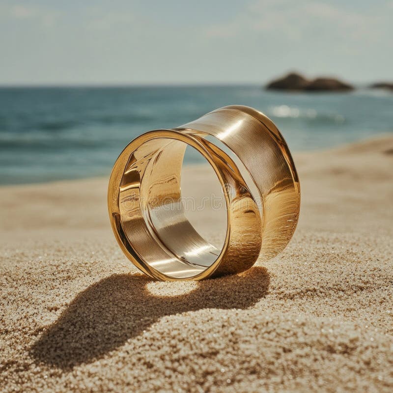 Gold Ring on Sandy Beach with Ocean Background Stock Photo - Image of ...