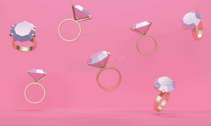Gold Rings Fly on a Pink Background. 3d Rendering Stock Illustration ...