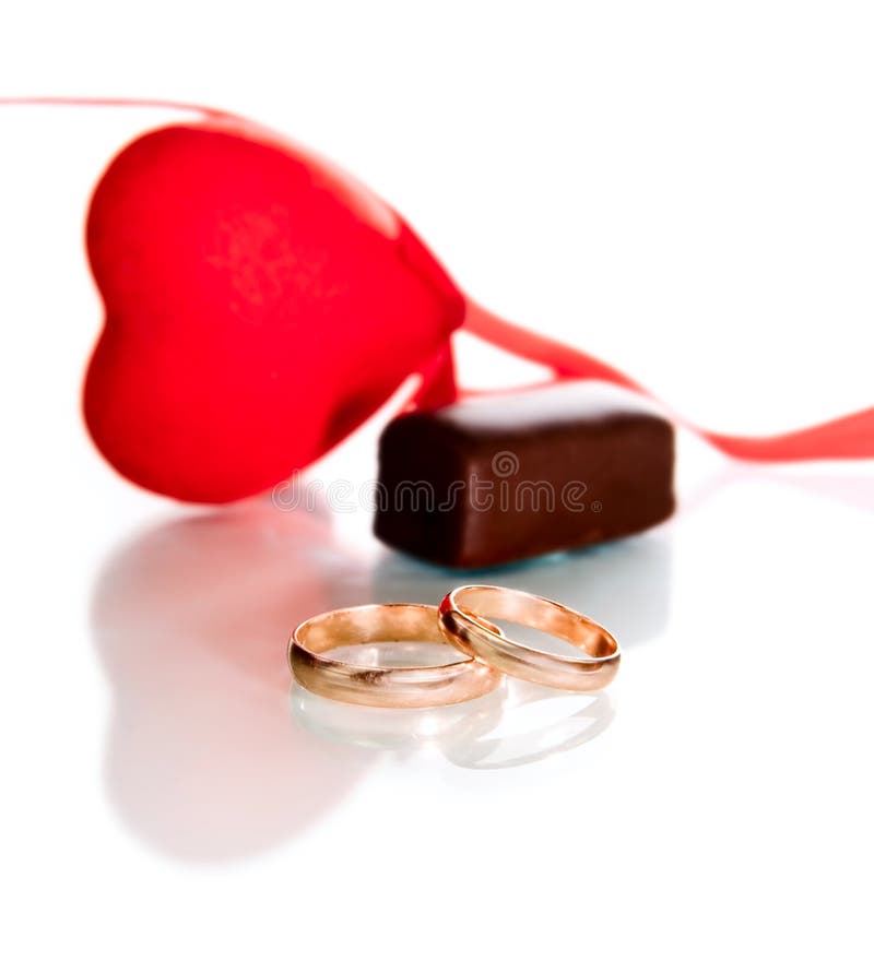 Gold Rings, Heart and Chocolate Candy Stock Image - Image of cork, food ...