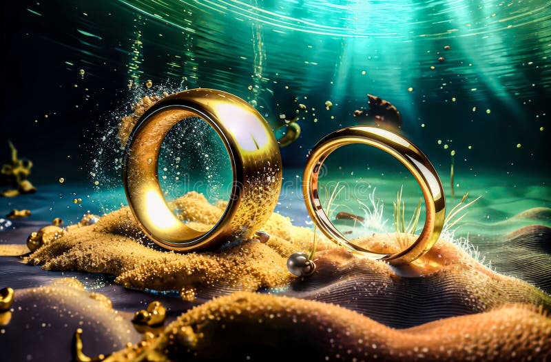 Gold Rings Under Water on the Sand. Stock Photo - Image of light, jewel ...
