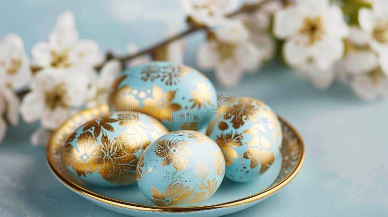 Gold and Robin Blue Easter Eggs in Luxurious Plate with Spring Flowers ...