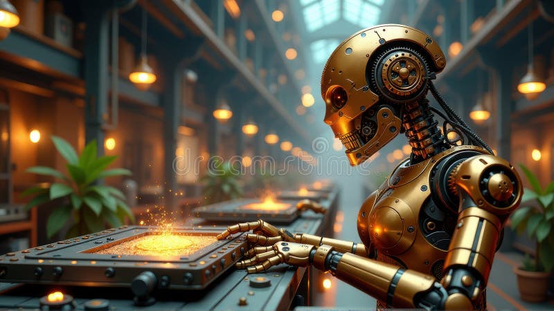 Gold Robot Working on a Machine. Stock Illustration - Illustration of ...