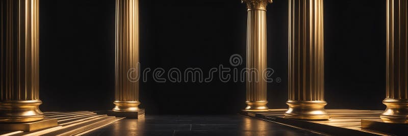Gold Roman Greek Columns Lighting on Plain Black Background Banner Ai ...
