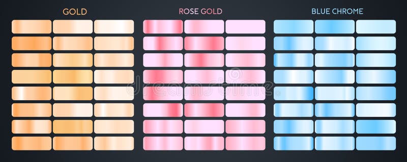 Gold Rose Gold and Blue Chrome Metallic Gradients Set Stock Vector ...