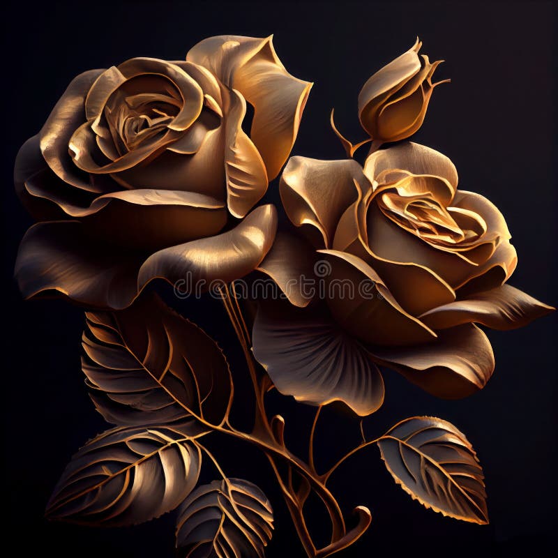 Gold Roses, on Black Background. Ia Generative. Stock Illustration ...