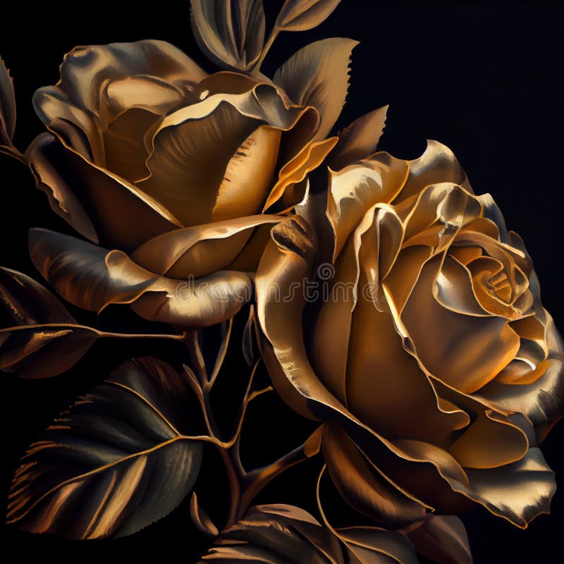 Gold Roses, on Black Background. Ia Generative. Stock Illustration ...
