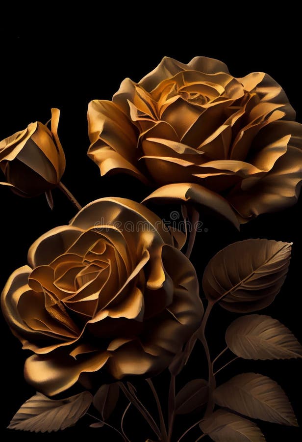 Gold Roses, on Black Background. Ia Generative. Stock Illustration ...