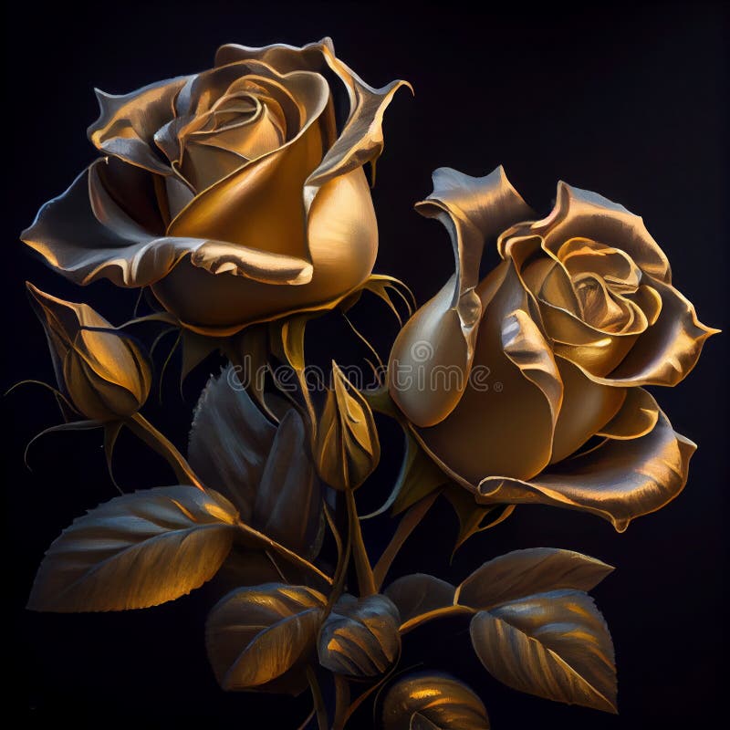 Gold Roses, on Black Background. Ia Generative. Stock Illustration ...