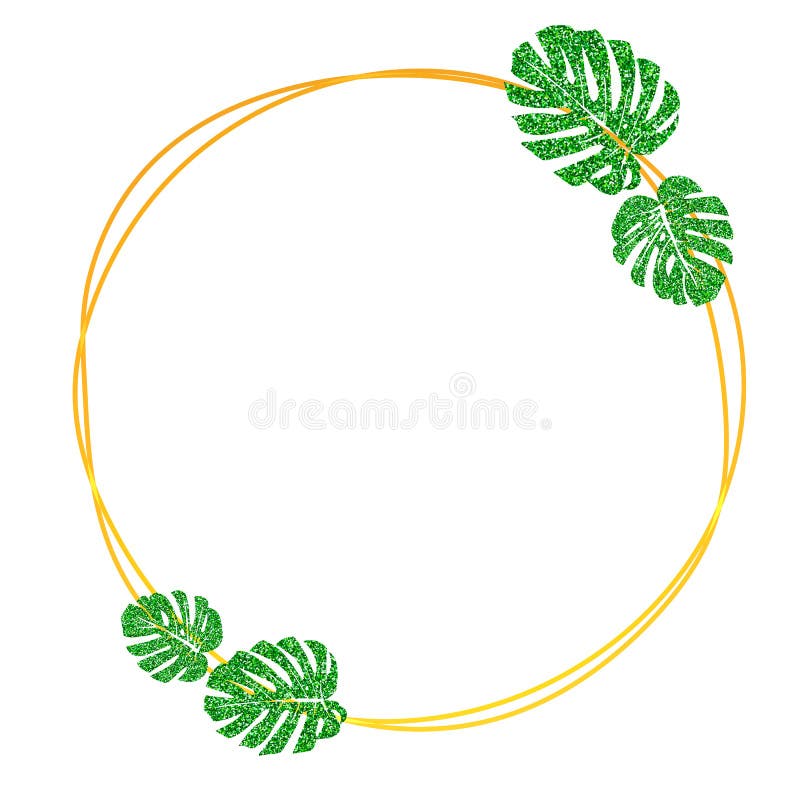 Gold Round Frame with Glitter Texture Green Tropical Leaf Monstera ...
