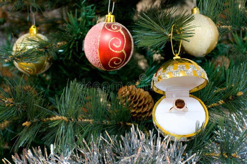 Gold Ruby Ring As Christmas Tree Decoration Stock Photo - Image of ...