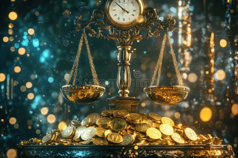 A Gold Scale with a Clock on Top and a Pile of Gold Coins Underneath ...