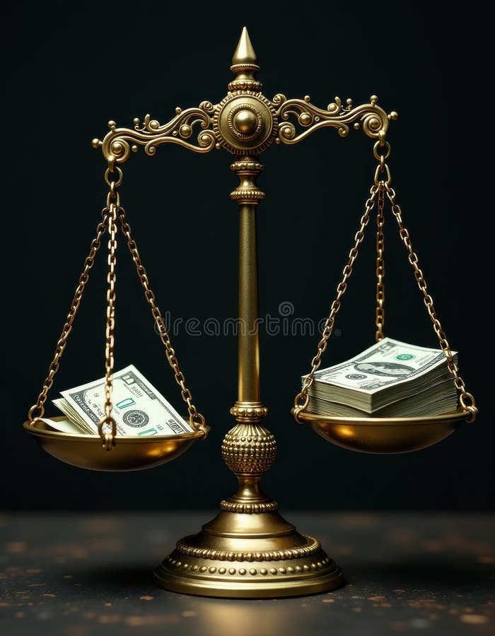 Gold Scales of Justice with Unequal Amounts of Money Stock Illustration ...