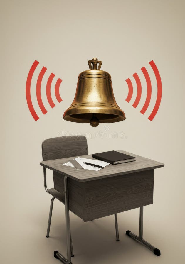 Gold School Bell Ringing Above Desk and Chair Stock Illustration ...
