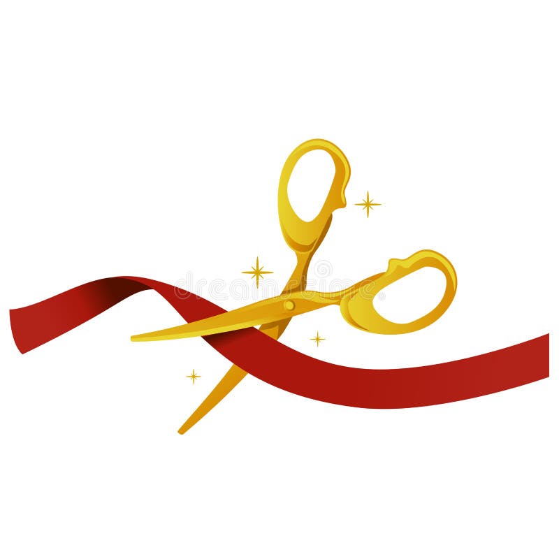 Golden Scissors Cutting Red Ribbon Isolated On White Background. Vector ...