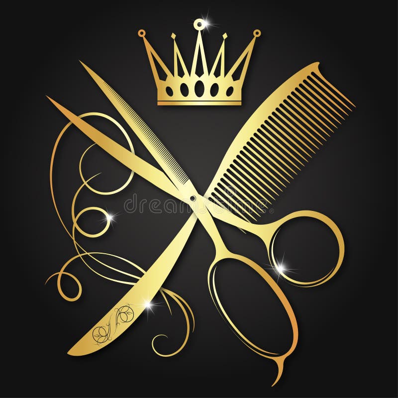 Gold Scissors and Comb with a Curl of Hair for Beauty Salon Stock ... Gold Scissors and Comb with a Curl of Hair for Beauty Salon Stock ...