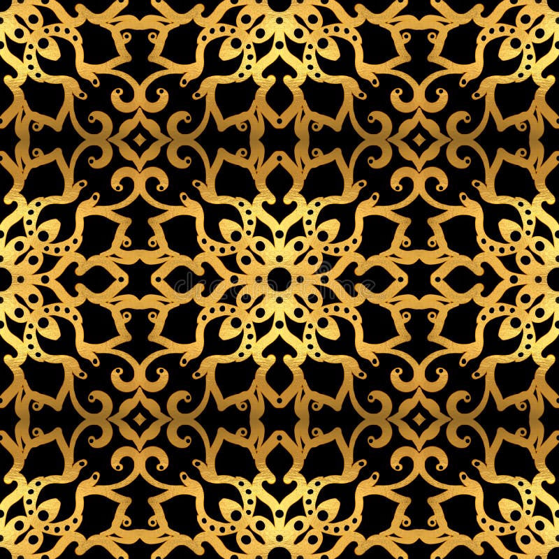Damask Vector Seamless Pattern. Black Gold Floral Background Stock ...