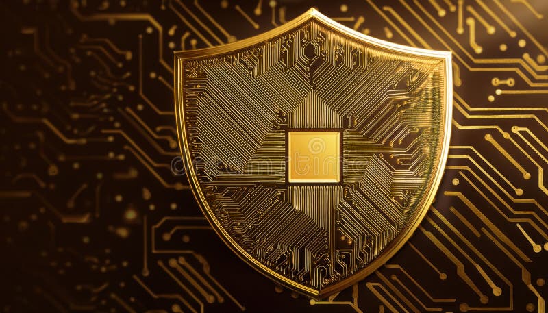 Gold Shield on Circuit Board Representing Digital Protection and ...