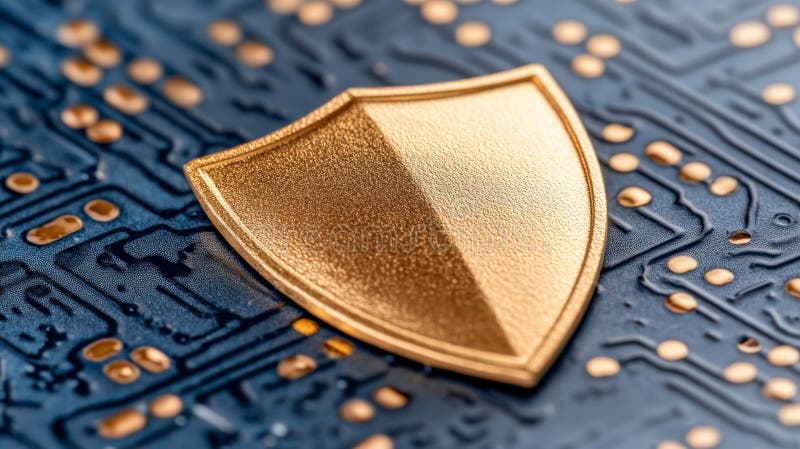 Gold Shield Embedded in a Circuit Board with Glowing Connections ...