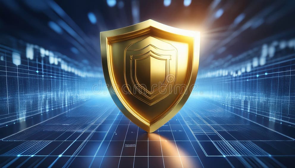Gold Shield Icon Layered Over Digital Report Layout with Secure Document Visualization Elements ...