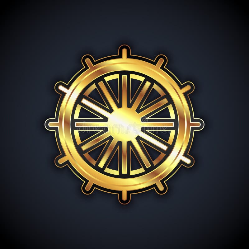 Gold Ship Steering Wheel Icon Isolated on Black Background. Vector ...